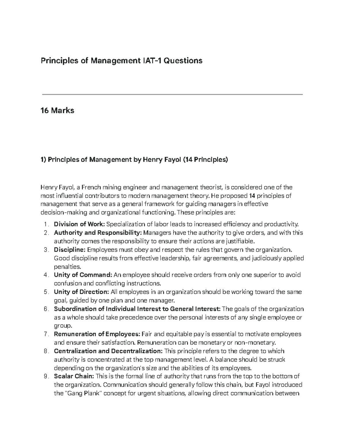 Principles of Management IAT-1 Questions - 16 Marks Overview - Studocu