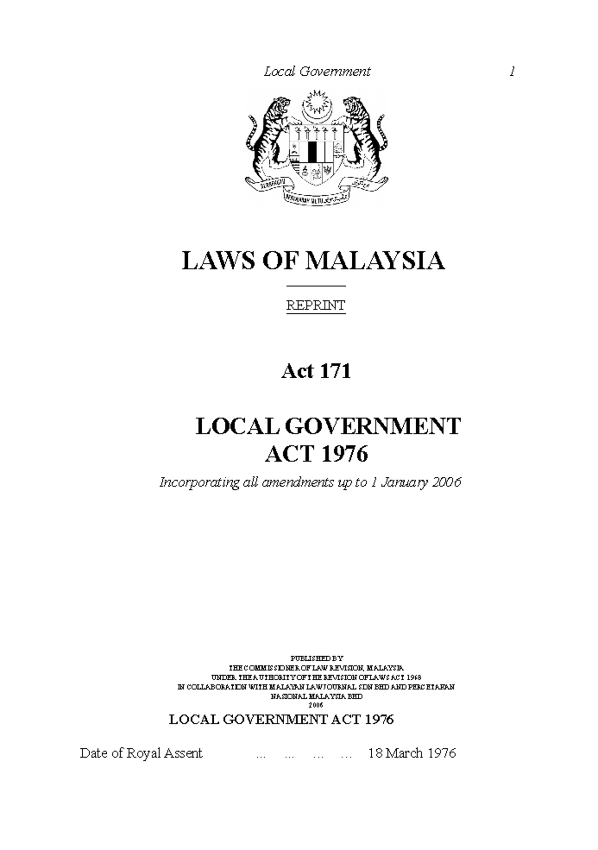 Akta 171: Local Government Act 1976 - English Version Overview - Studocu