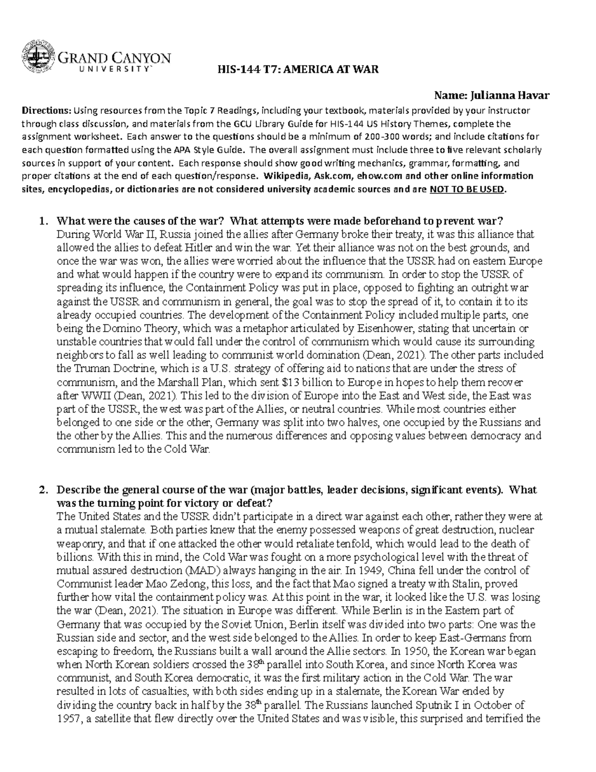 HIS-144-T-7 Worksheet: Analyzing America’s Involvement in WWII and the ...