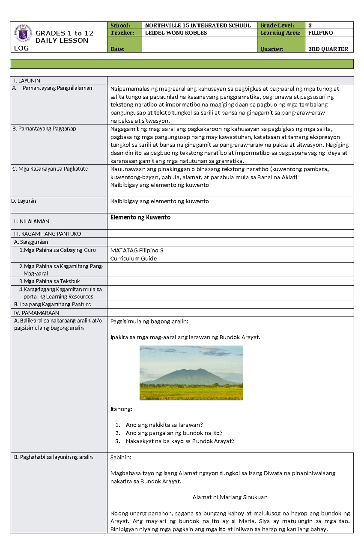 COT3-DLL: Daily Lesson Plan for Filipino 3 - Alamat ni Mariang Sinukuan ...