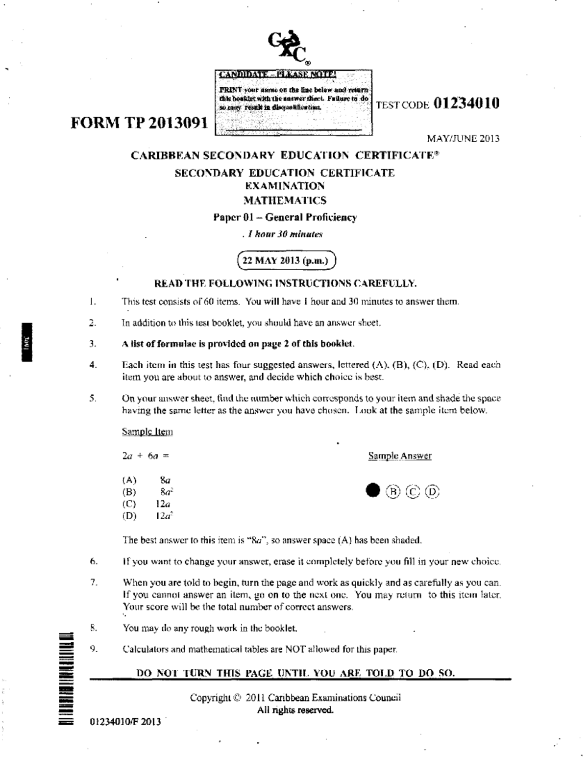 CSEC Mathematics Paper 01 General Proficiency Exam 2013 - Studocu