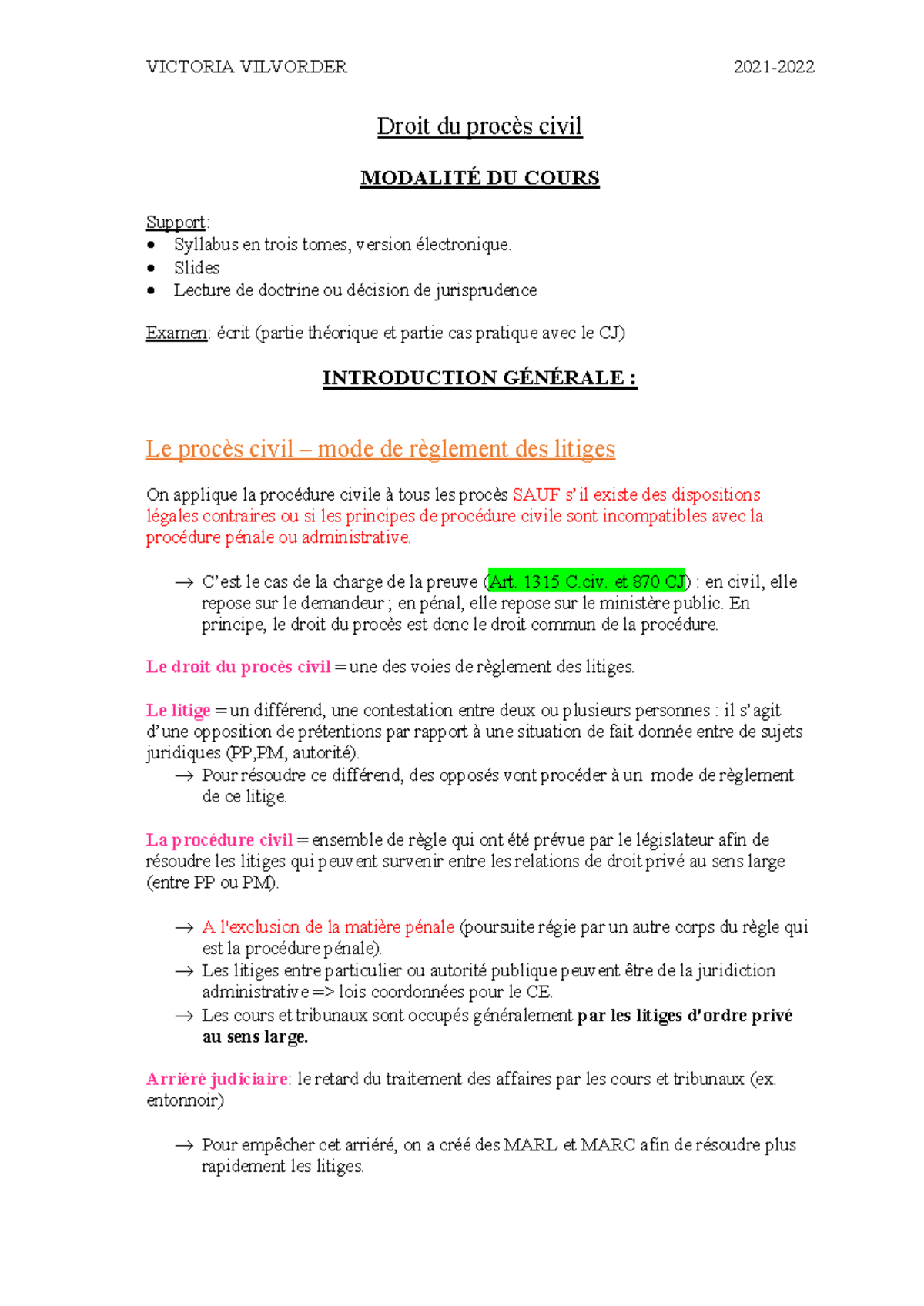 Droit du procès civil (synthèse) - Droit du procès civil MODALITÉ DU ...