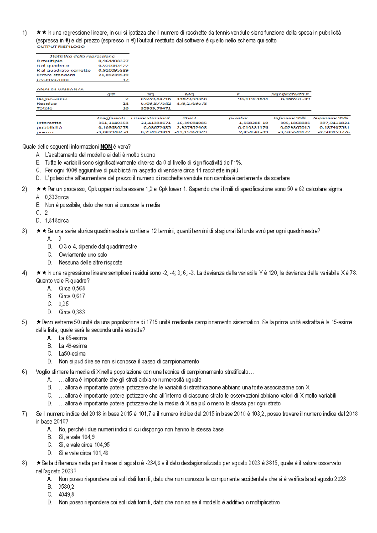 Test Finale - Statistica e Regressione Lineare (Codice: 1) - Studocu