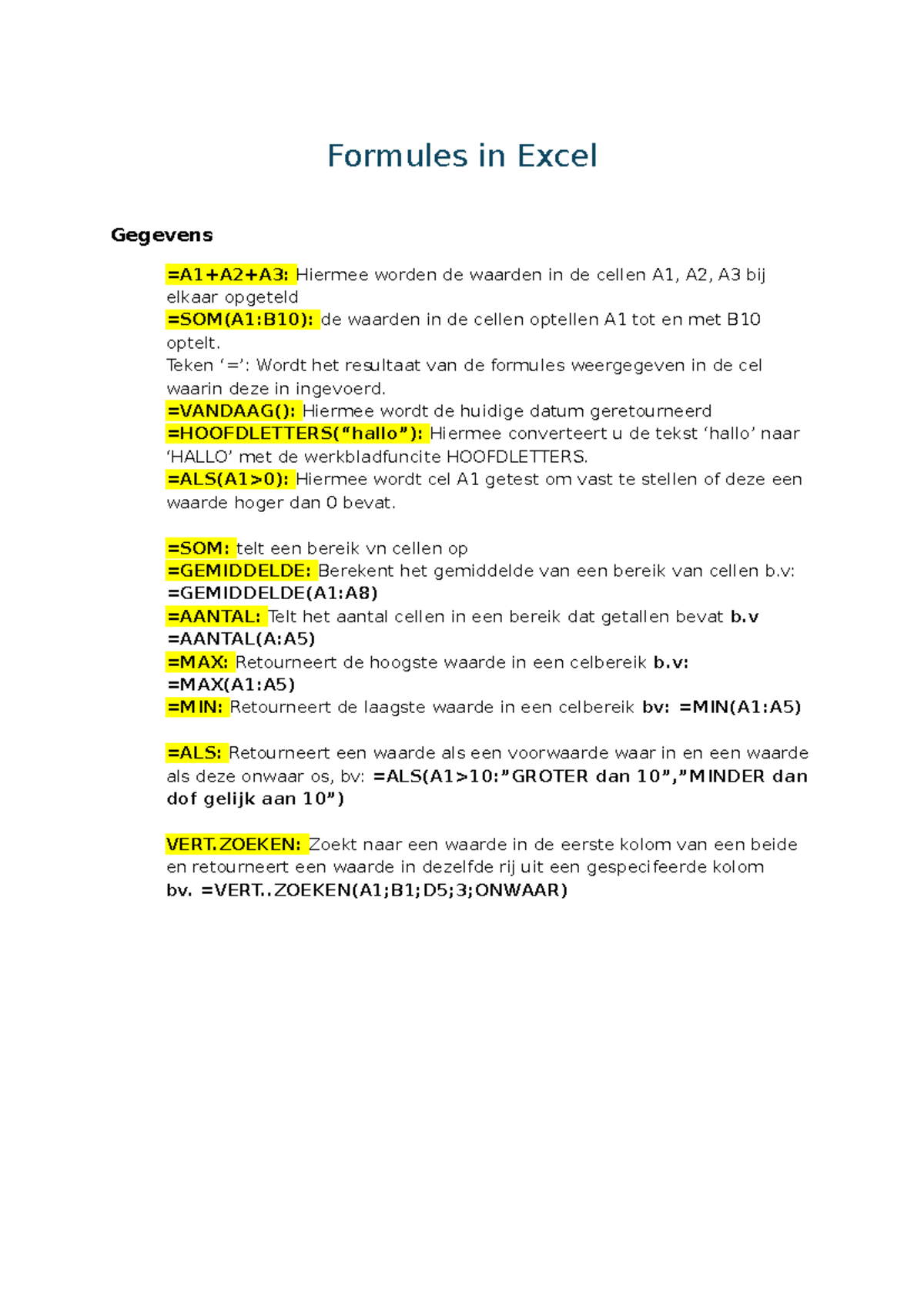 Formules Excel - Samenvatting ICT fundamentals - Formules in Excel ...