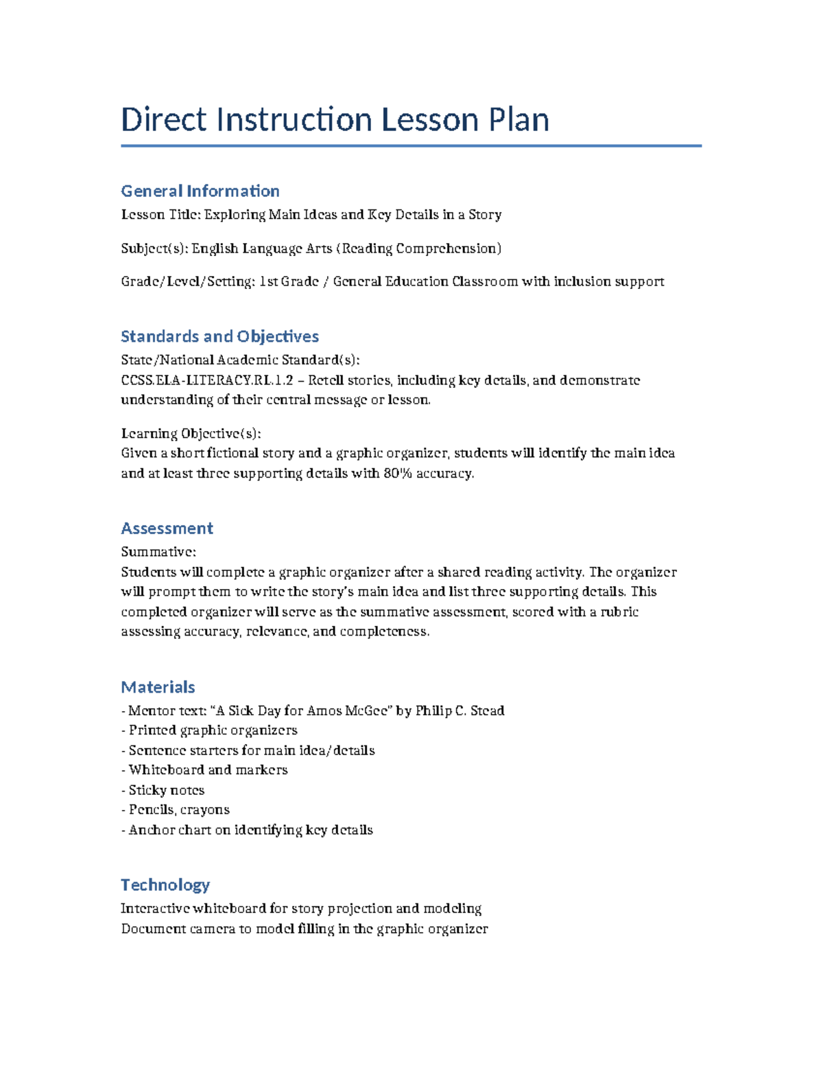 1st Grade ELA Lesson Plan: Exploring Main Ideas & Key Details - Studocu