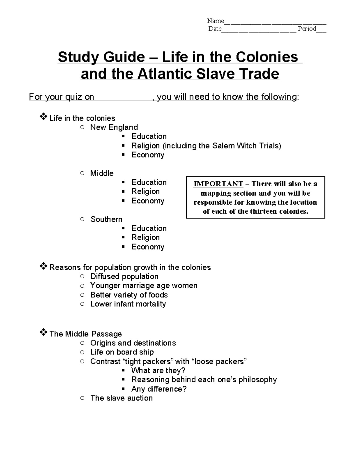 Study Guide: Life in the Colonies & Atlantic Slave Trade Quiz - Studocu