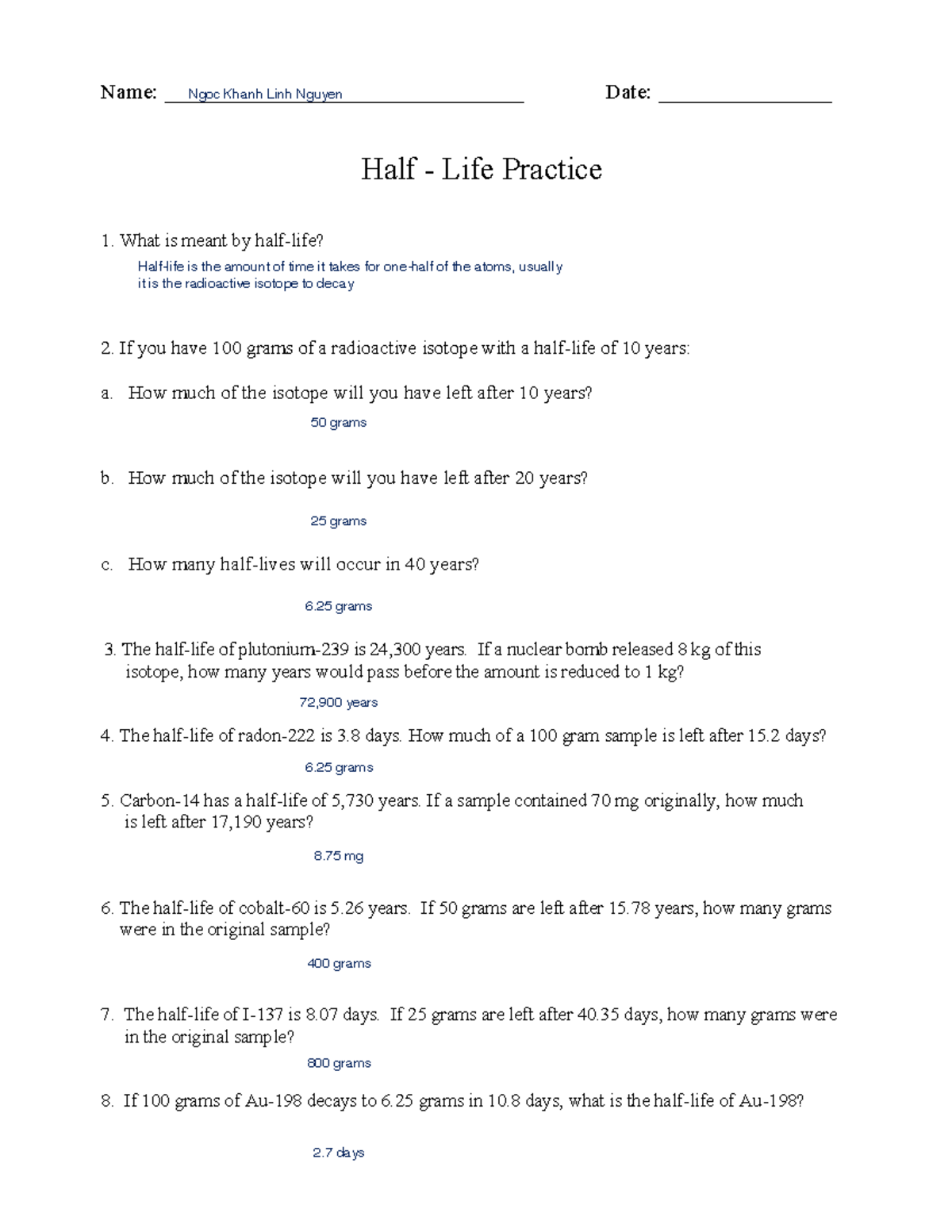 Half-Life Worksheet Problems & Graphing for Physics 101 - Studocu