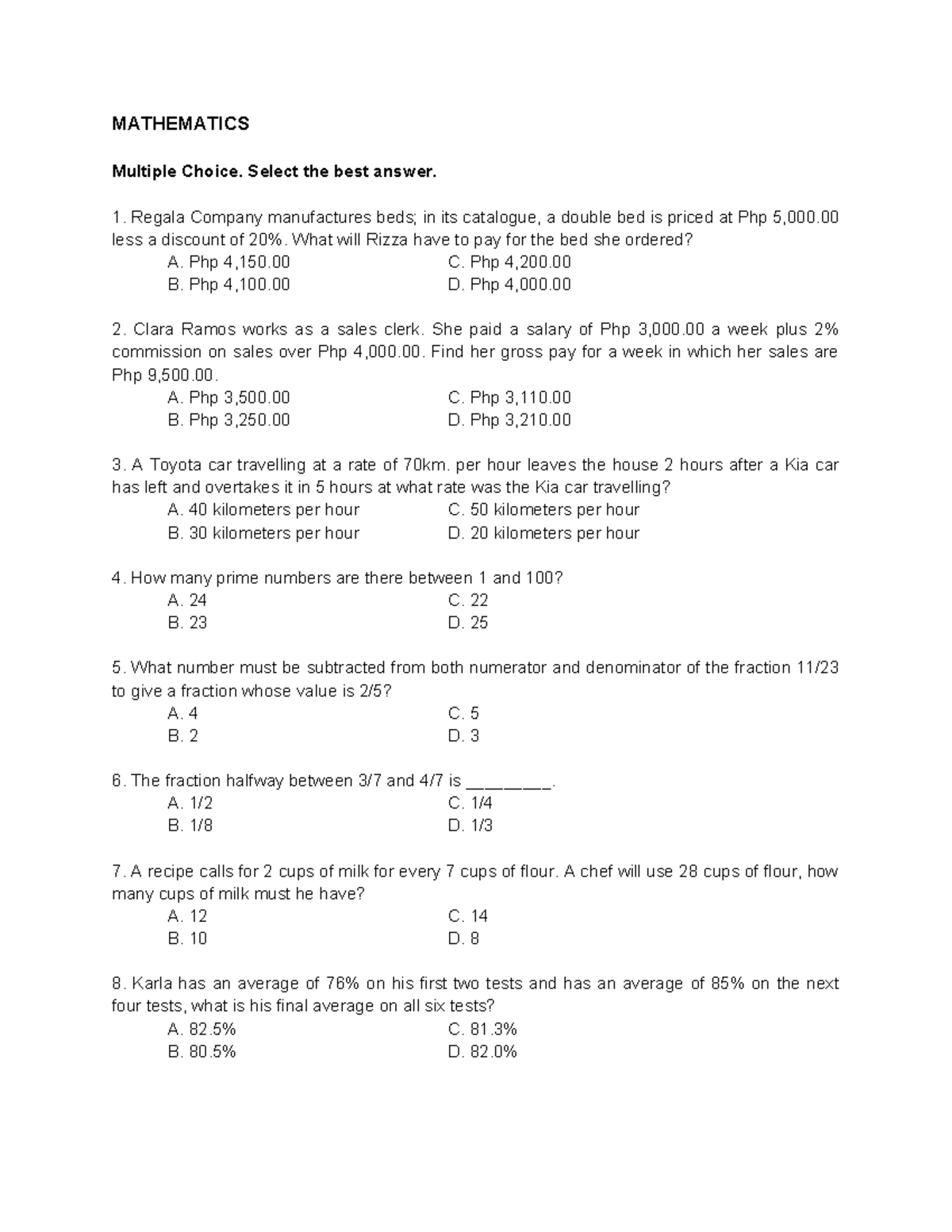 GEN ED Mathematics Final Exam Practice Questions 2023 - Studocu