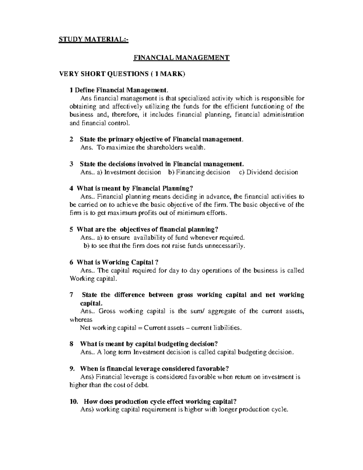 Financial Management Study Guide: Questions & Answers - Studocu
