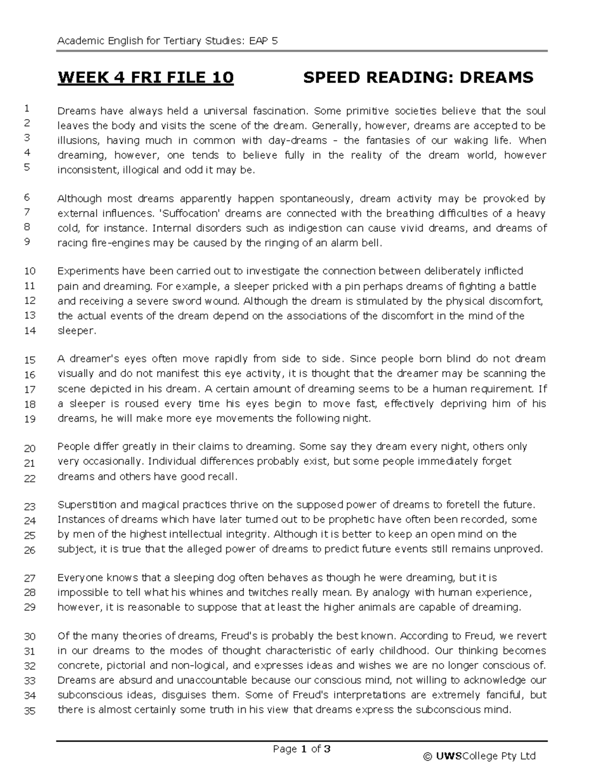 EAP5 Week 4 Fri F10 - Speed reading Dreams No Answers - Academic ...