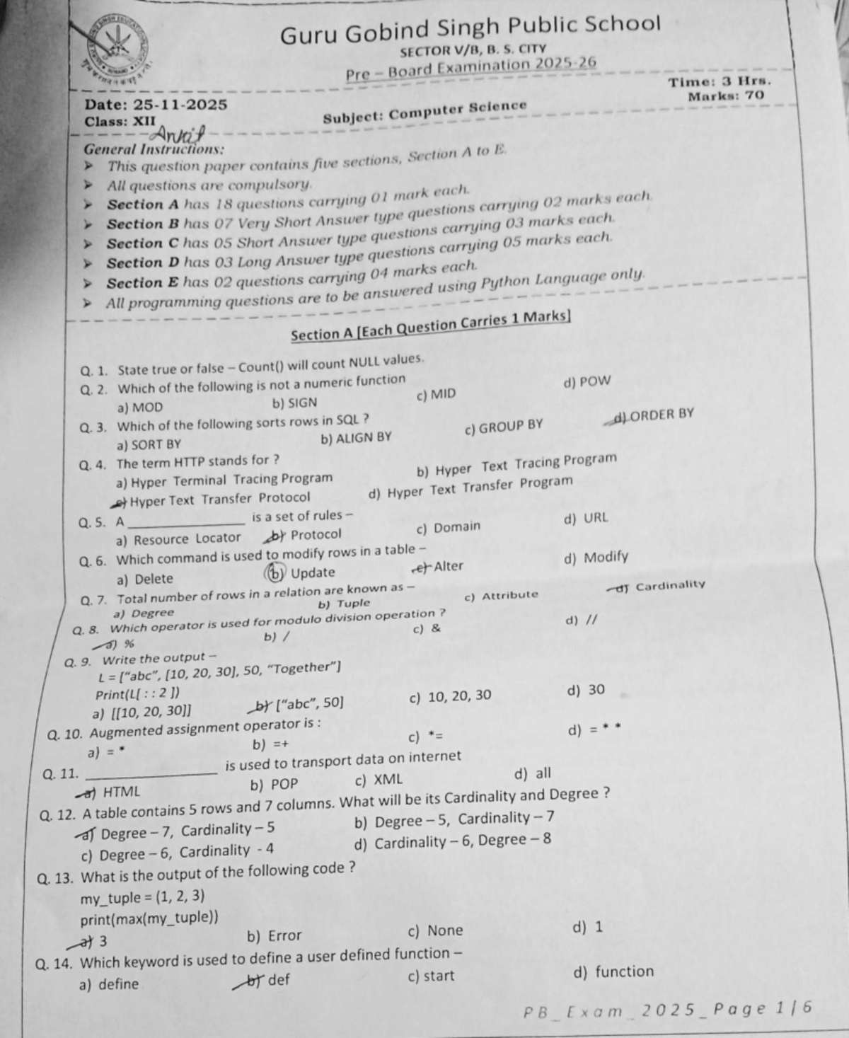 Public School Guru Gobind Singh B. CITY SECTOR Pre-Board Exam 2025 ...