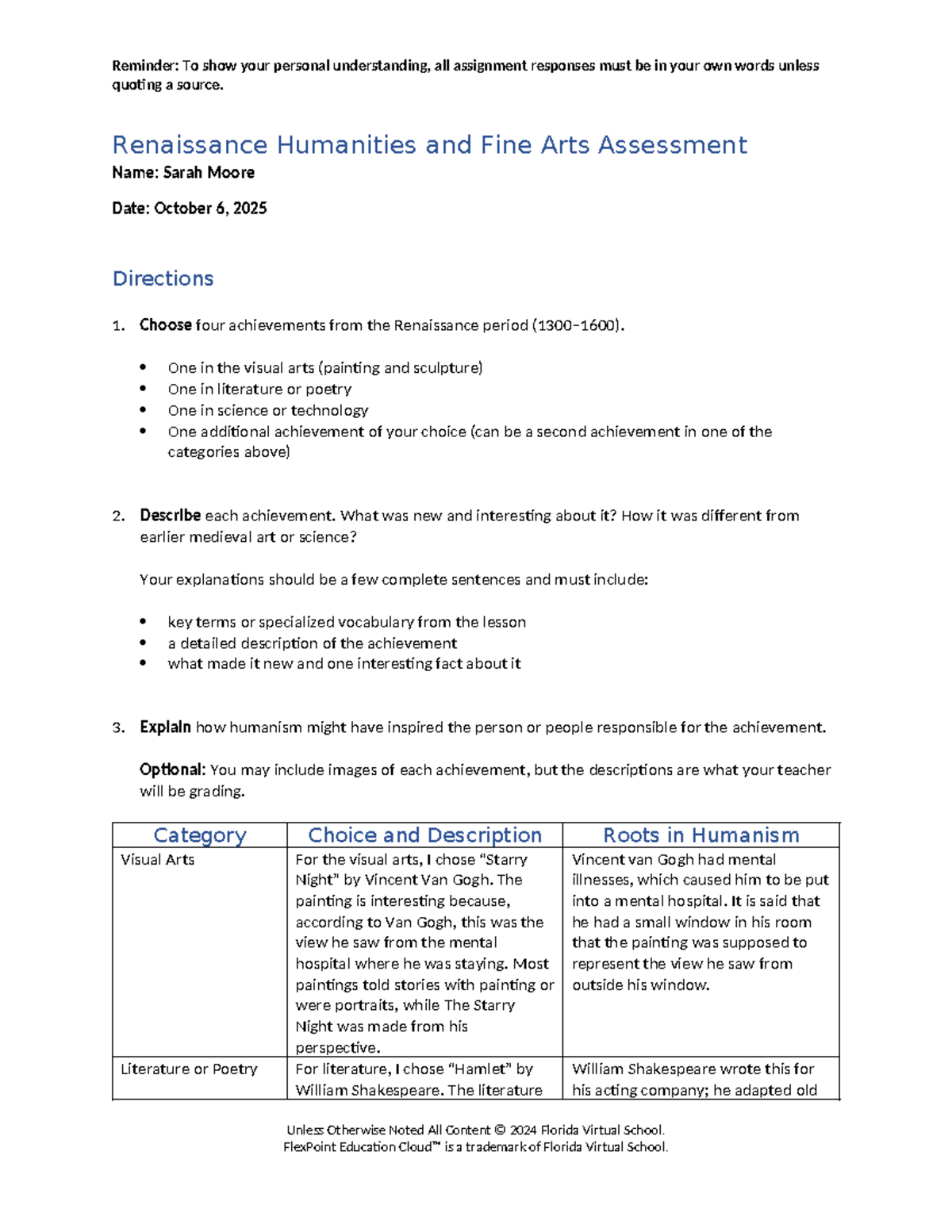 Renaissance Humanities & Fine Arts Assessment: Achievements Overview ...