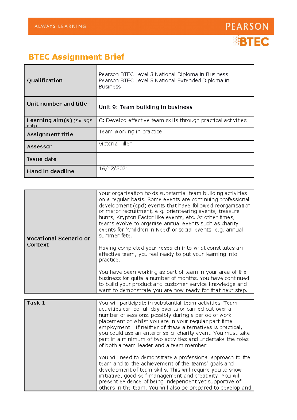 Unit 9 Authorised Assignment Brief for Learning Aim C Team Building in ...