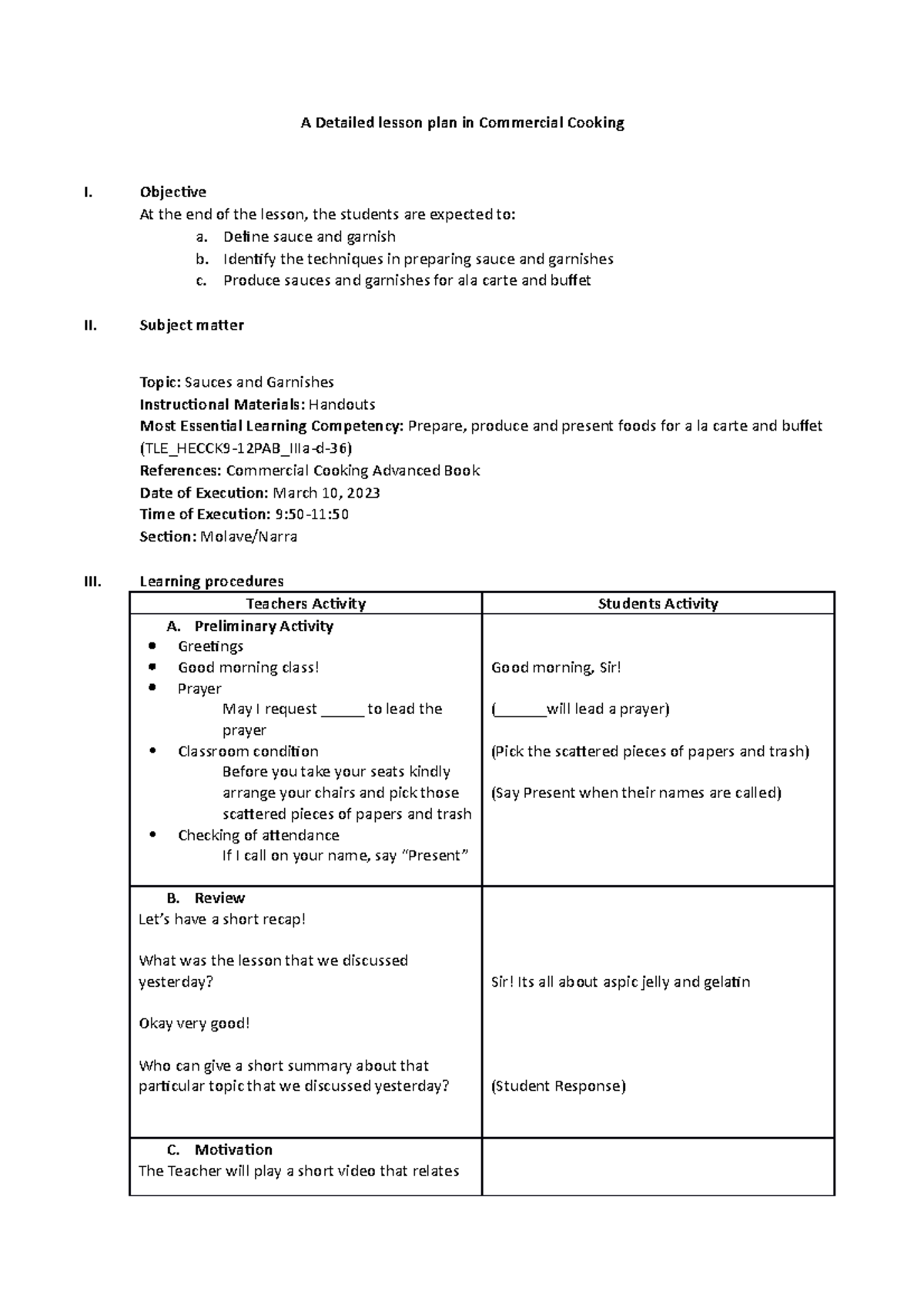 A Detailed lesson plan in Sauces and Garnishes - A Detailed lesson plan ...