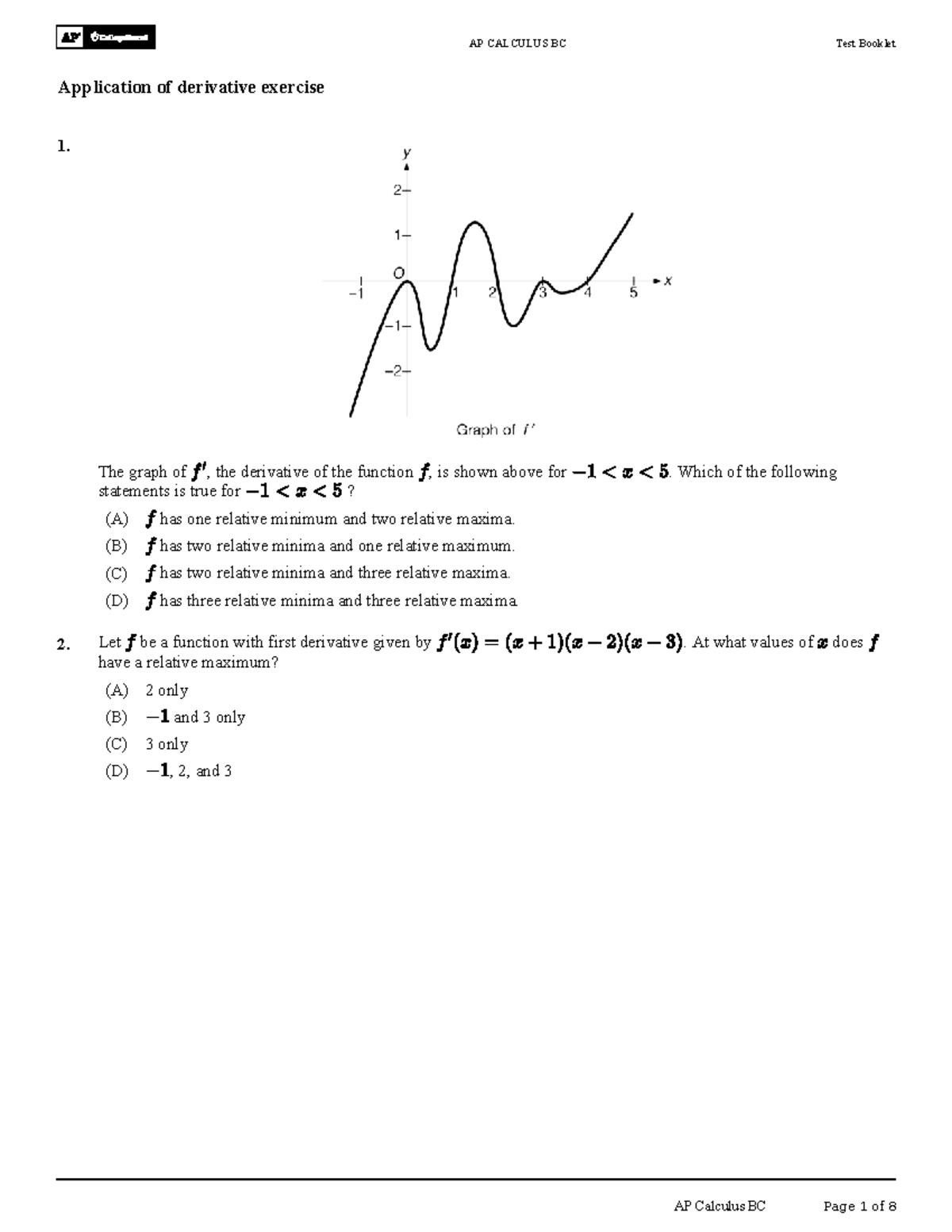 AP CALCULUS BC Test Booklet: Application of Derivative Exercises - Studocu