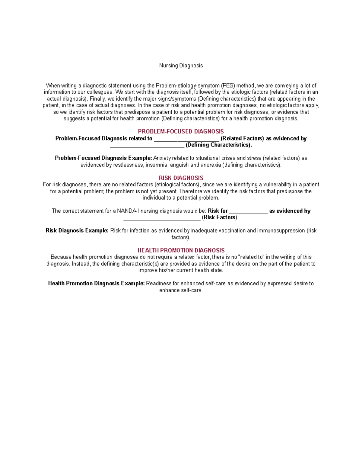 NURS 322 NANDA Three-Part Diagnostic Statement Guide - Studocu