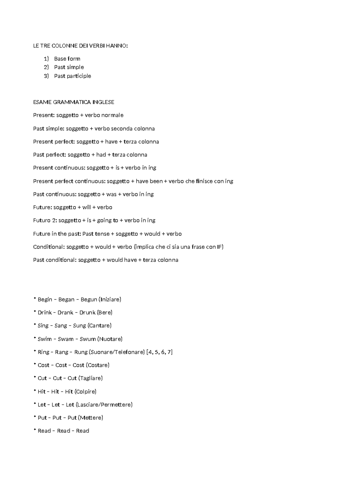 ESAME GRAMMATICA INGLESE: LE TRE COLONNE DEI VERBI - Studocu