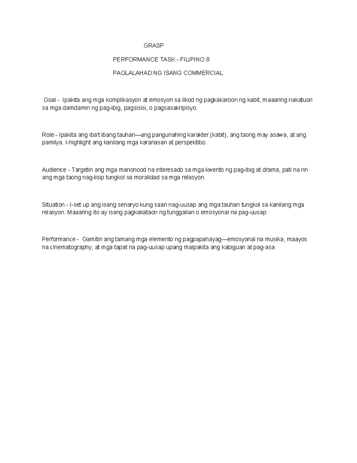 Pagsusuri ng GRASP: Performance Task para sa Filipino 8 - Studocu