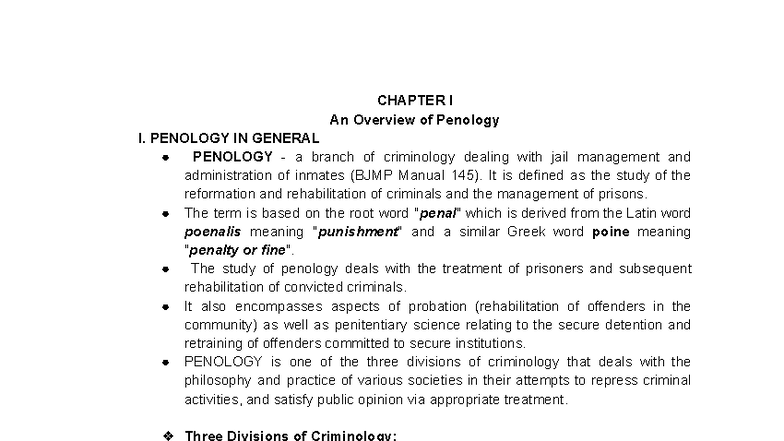 CA1 - Chapter I: Overview of Penology and Corrections - Studocu
