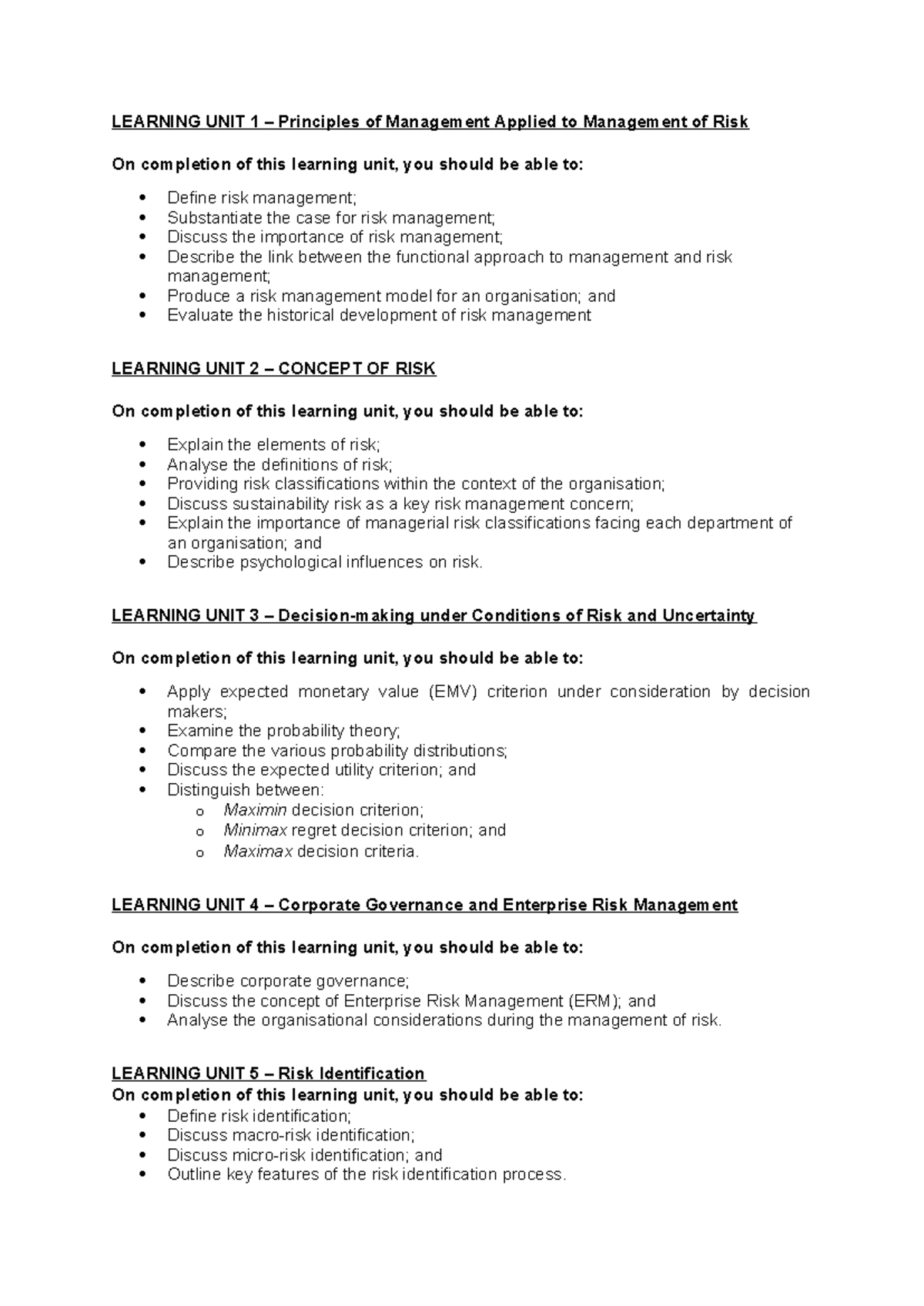 Risk Management Course: Units 1 to 5 Overview & Key Concepts - Studocu
