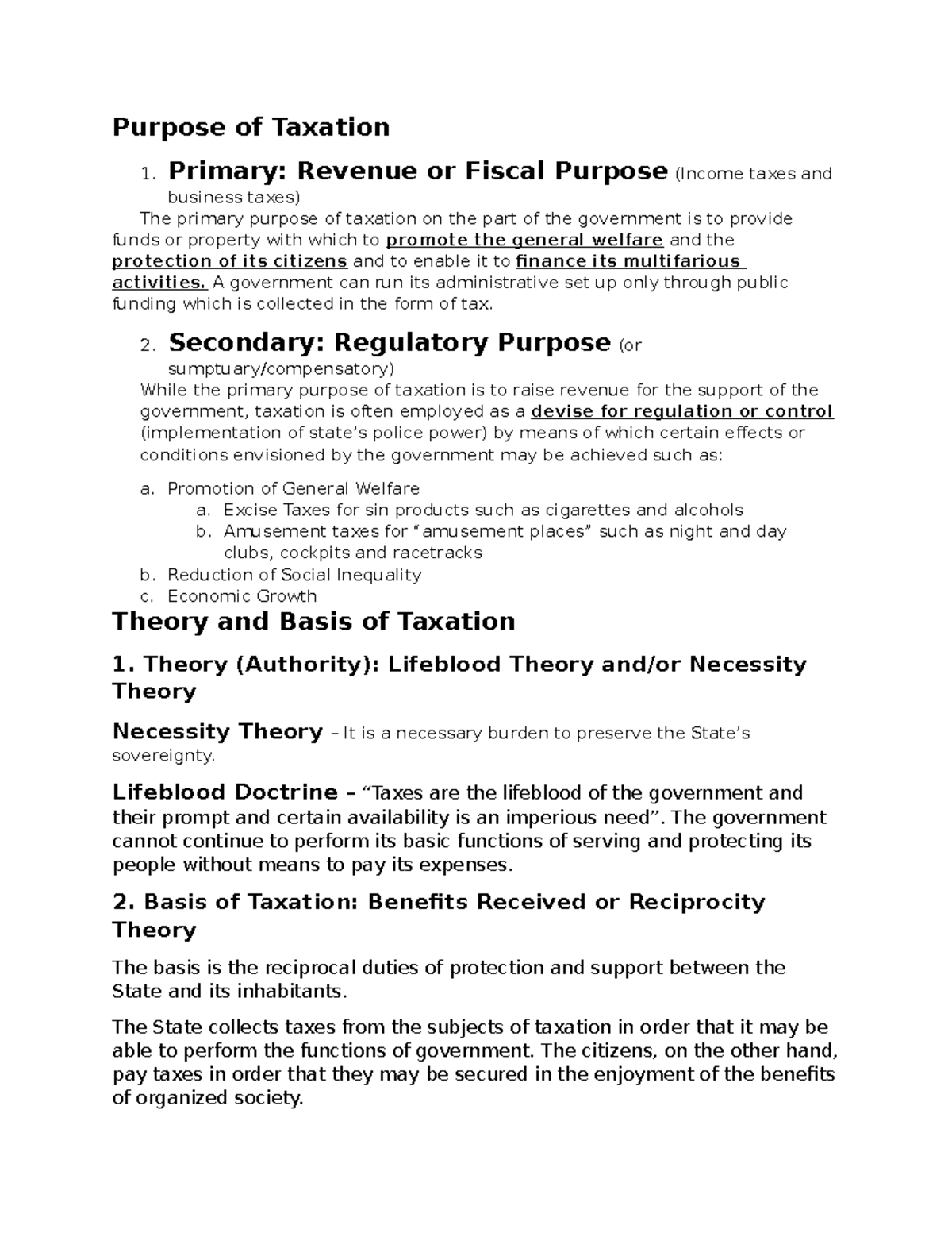 Purpose of Taxation: Understanding Fiscal and Regulatory Roles - Studocu