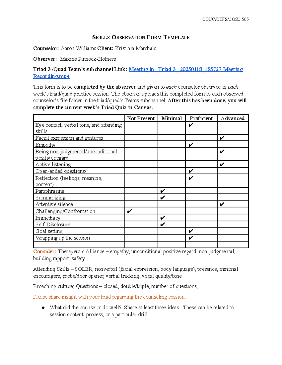 2025 Dr. TW's Skills Observation Form For Kristinia Marshal - 2 16 24 ...