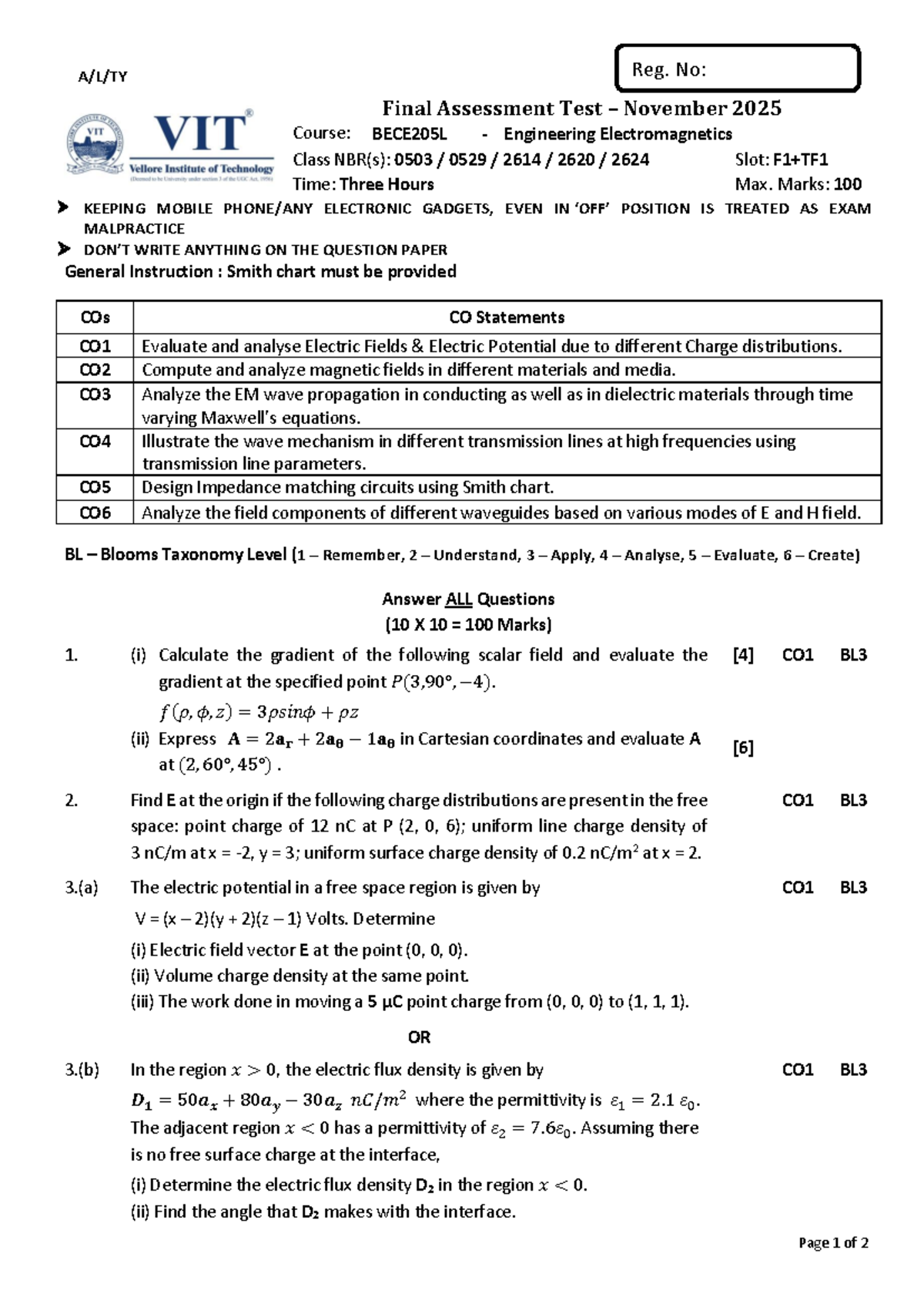 BECE205L Final Assessment Test Nov 2025 - Engineering Electromagnetics ...