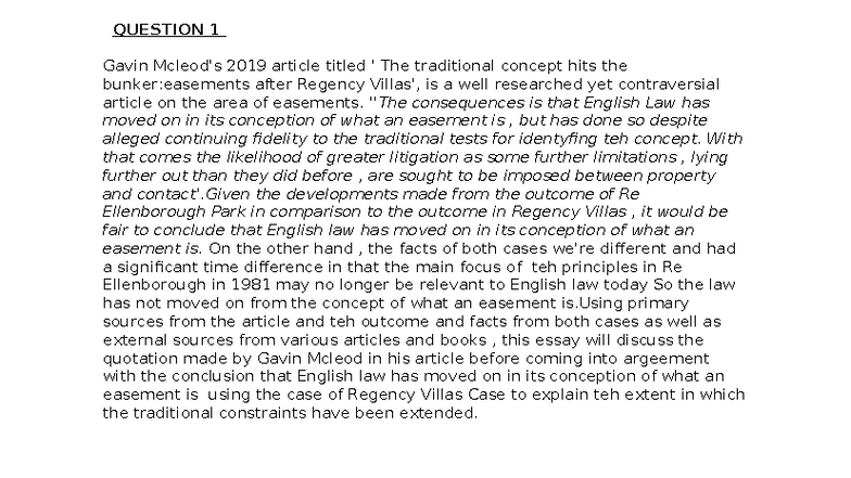 EAS 101: Essay on Easements in English Law - Gavin 2019 Analysis - Studocu