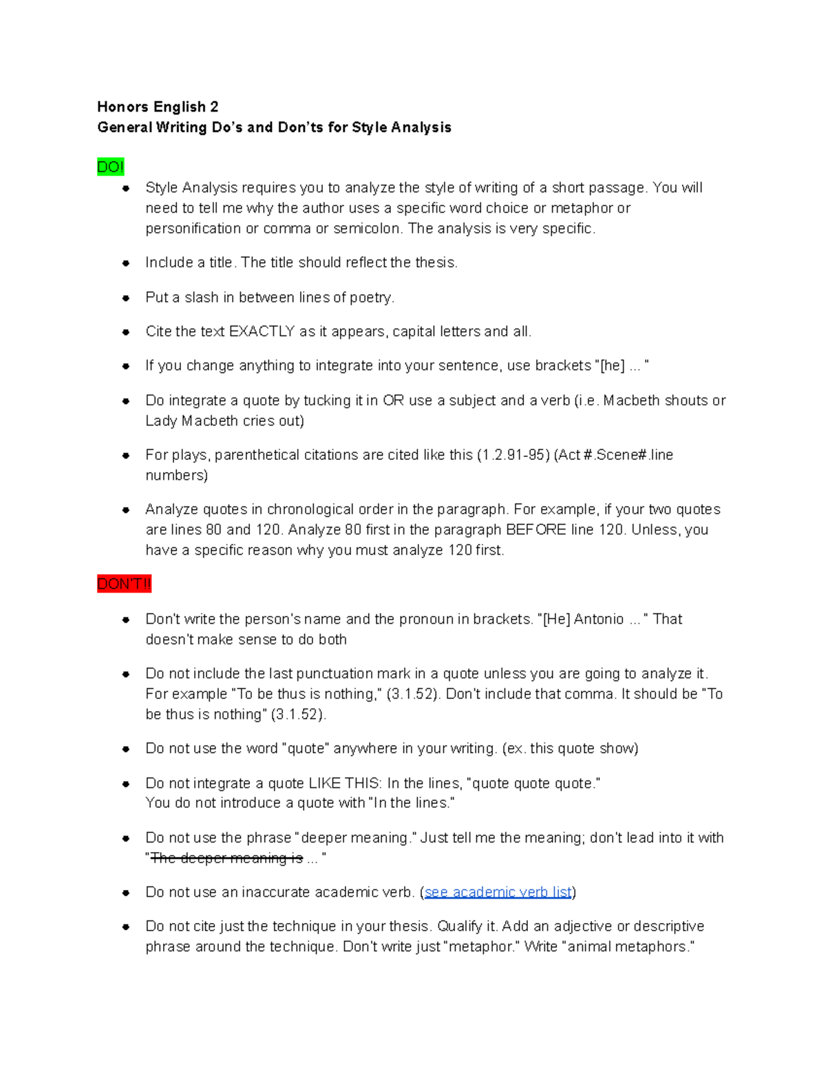 Honors English 2: Writing Style Analysis Do's and Don'ts Guide - Studocu