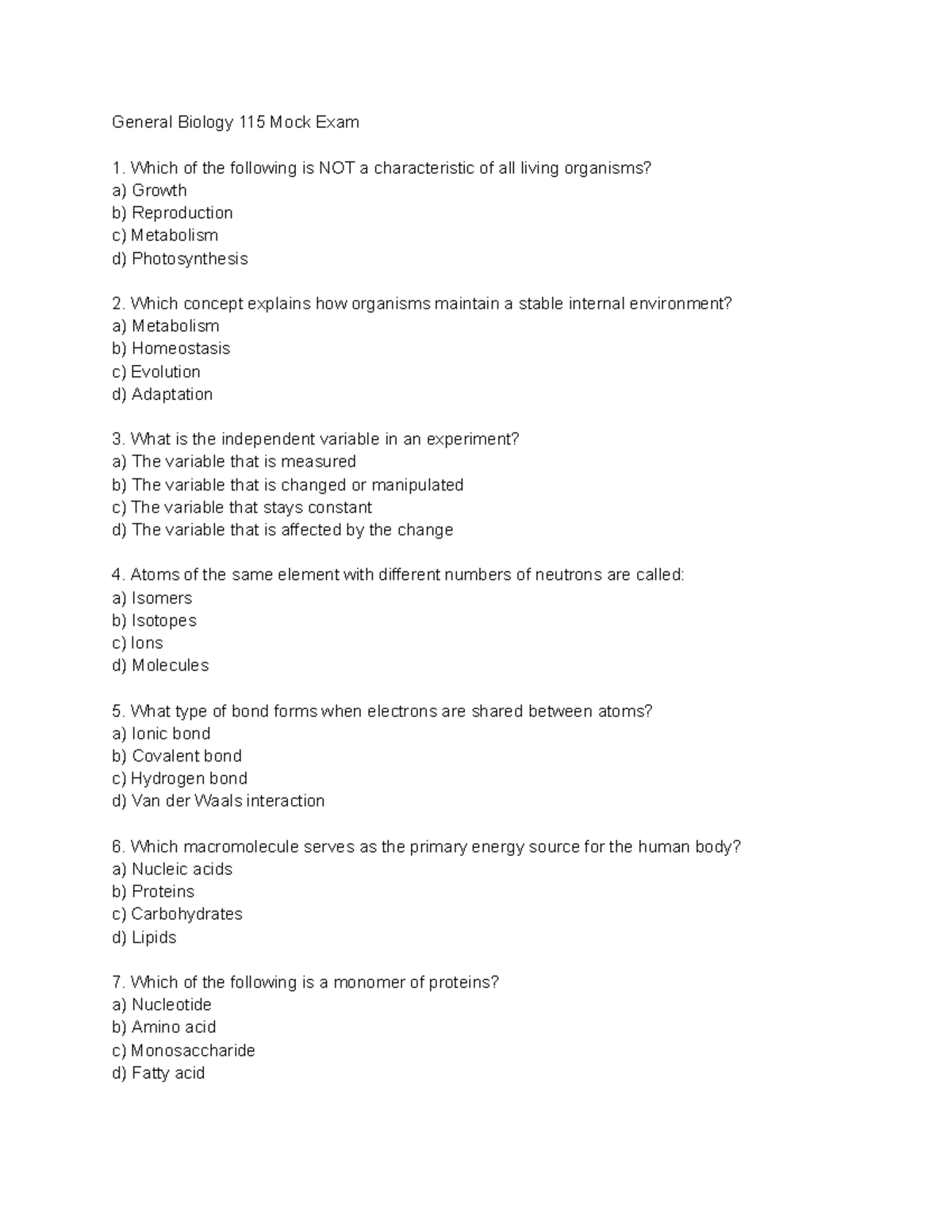 General Biology 115 Practice Exam 1 Questions and Answers - Studocu