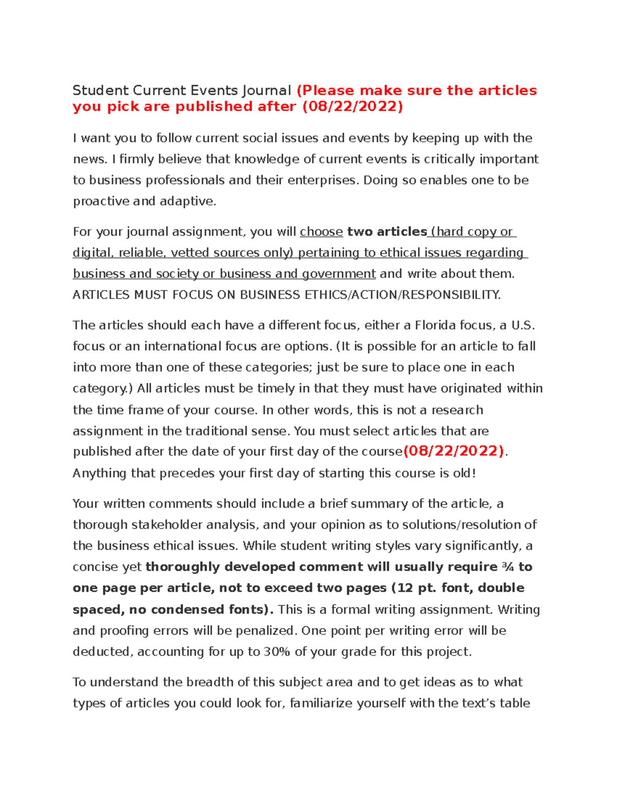 BUS 301 Current Events Journal Instructions & Guidelines for Article ...