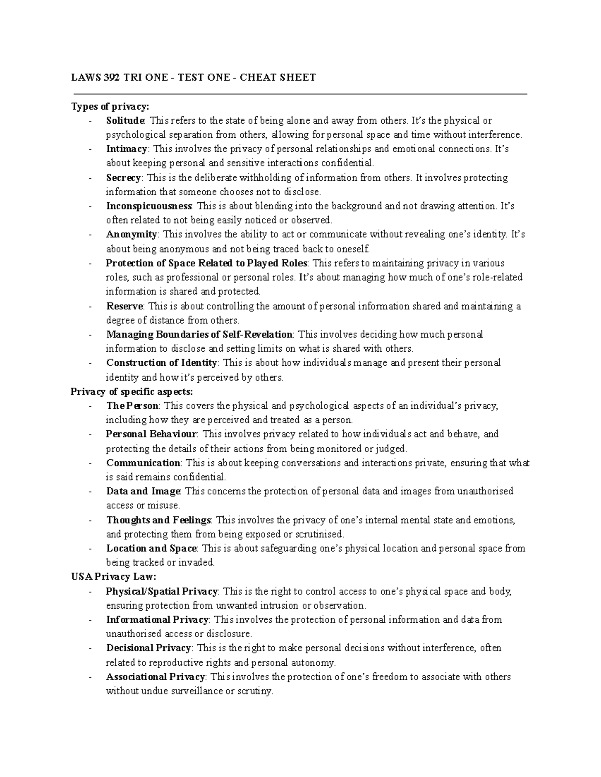 LAWS392 - TRI1 CS - Data Privacy Test One Cheat Sheet Summary - Studocu