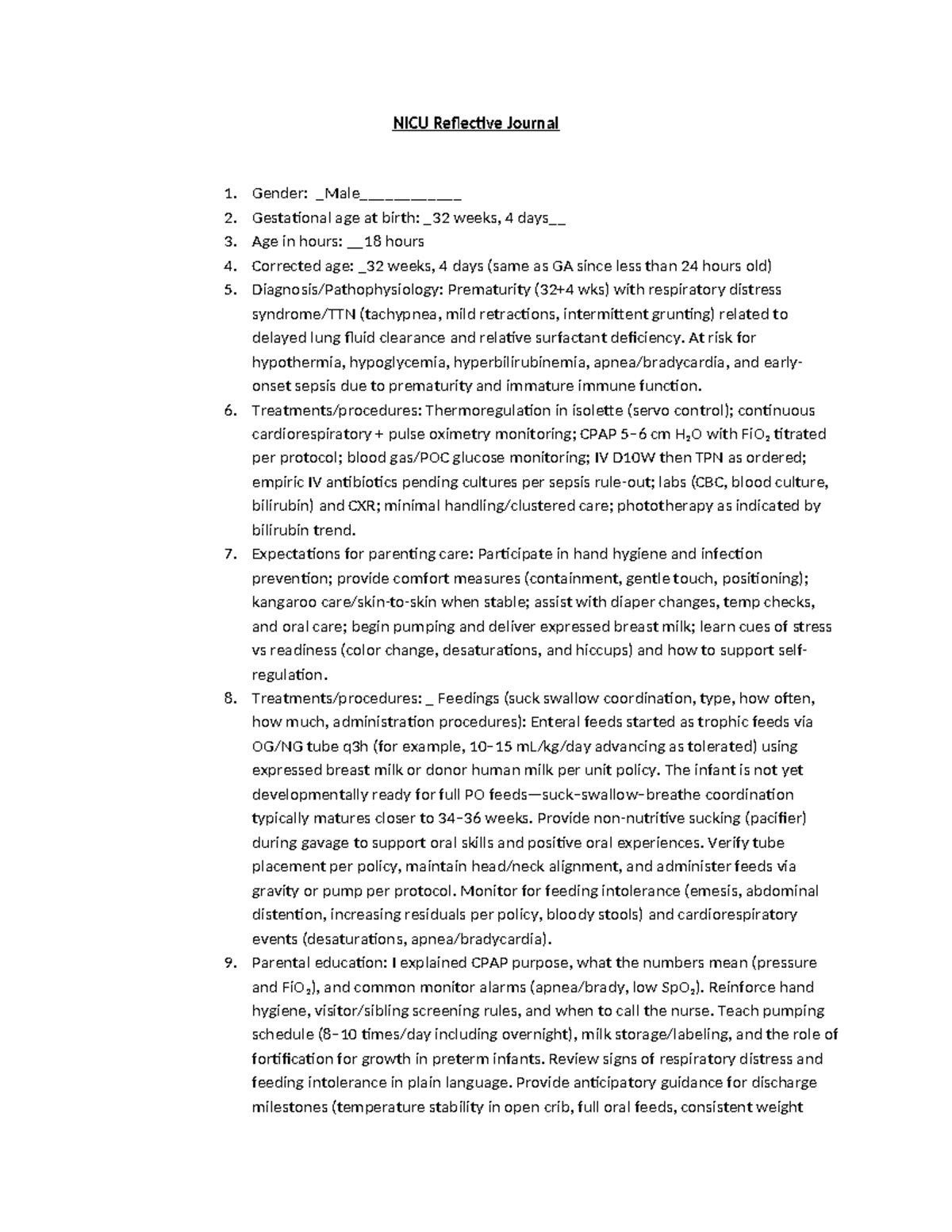 NICU Reflective Journal: Insights on Premature Infant Care - Studocu