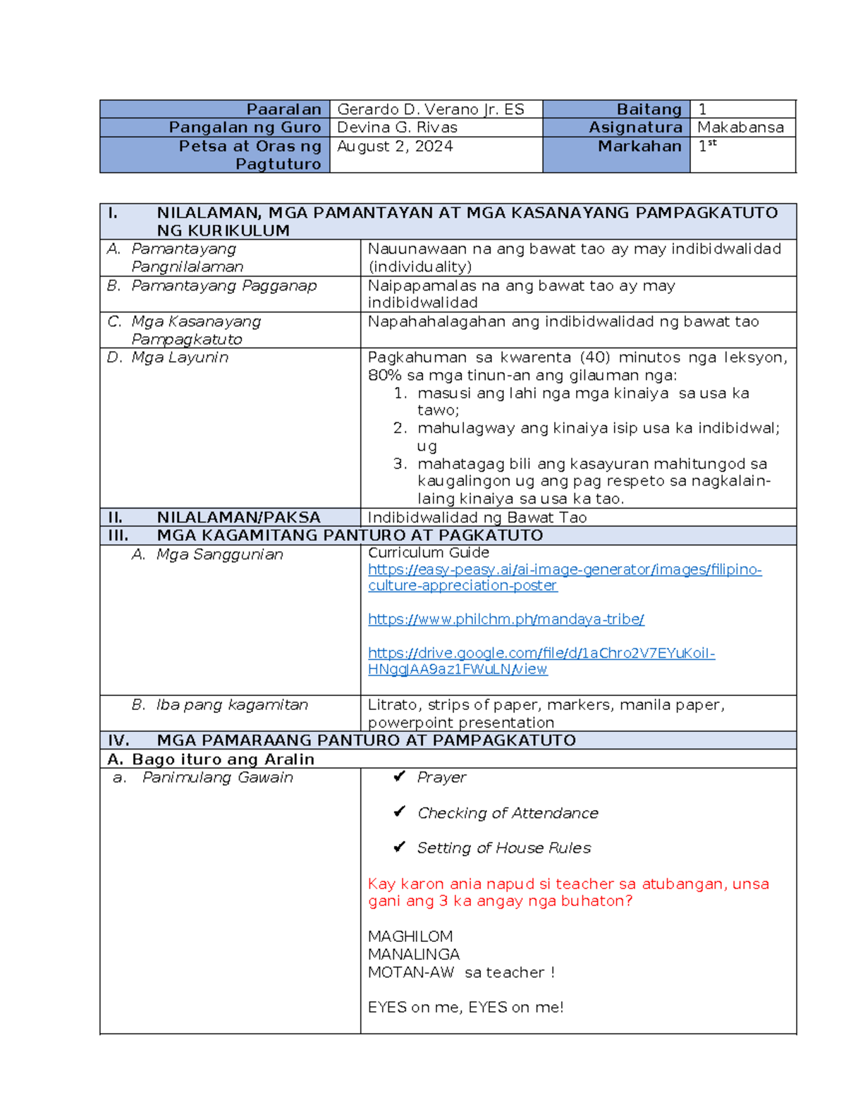 Makabansa 1 - Lesson Plan on Individuality and Diversity - Studocu