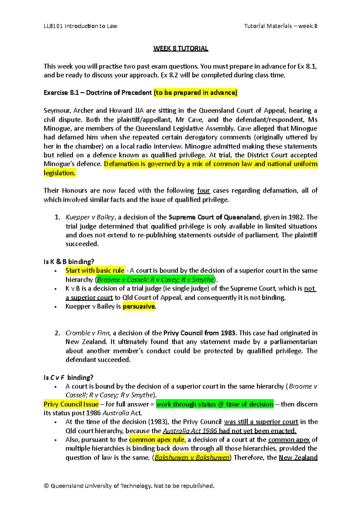 Week 8 Tutorial - WEEK 8 TUTORIAL This week you will practise two past exam questions. You must ...