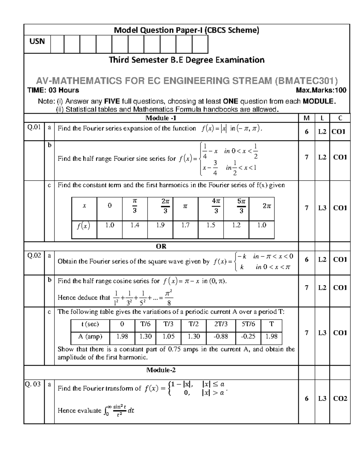 BMATEC 301: Model Question Paper 1 Solutions - 3rd Sem. Exam - Studocu