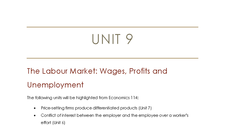 Economics 144: Unit 9 - The Labour Market, Wages, and Unemployment ...