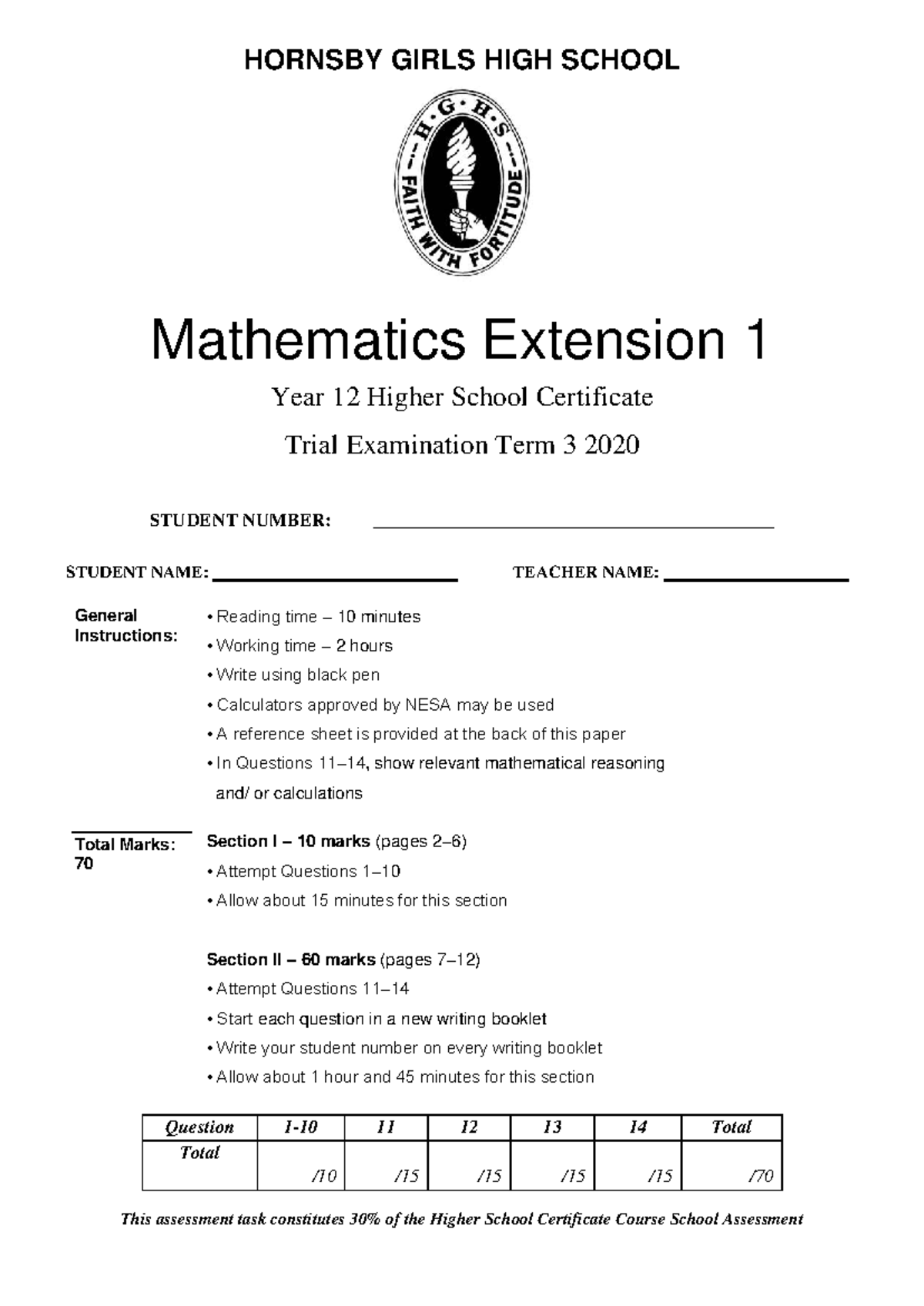 Hornsby Girls High School Year 12 Mathematics Extension 1 HSC Trial ...