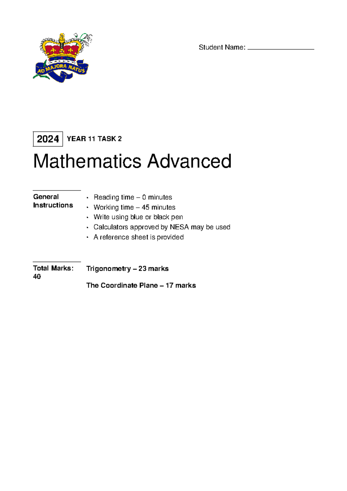 2024 Year 11 Mathematics Advanced Task 2 Exam Guide - Studocu
