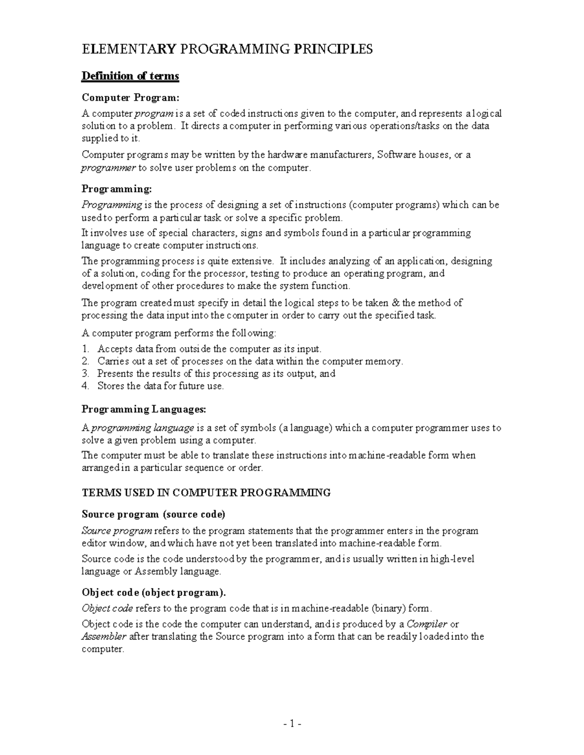 Elementary Programming Principles: Comprehensive Study Notes - Studocu