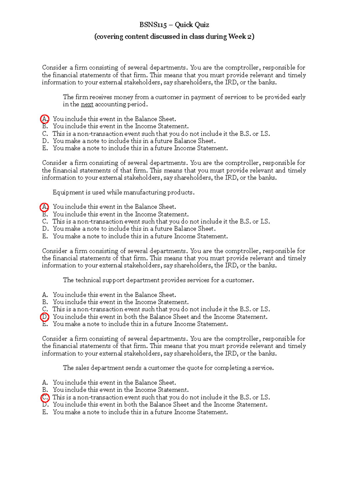 Marked Quick QUIZ Week 4 - BSNS115 – Quick Quiz (covering content ...