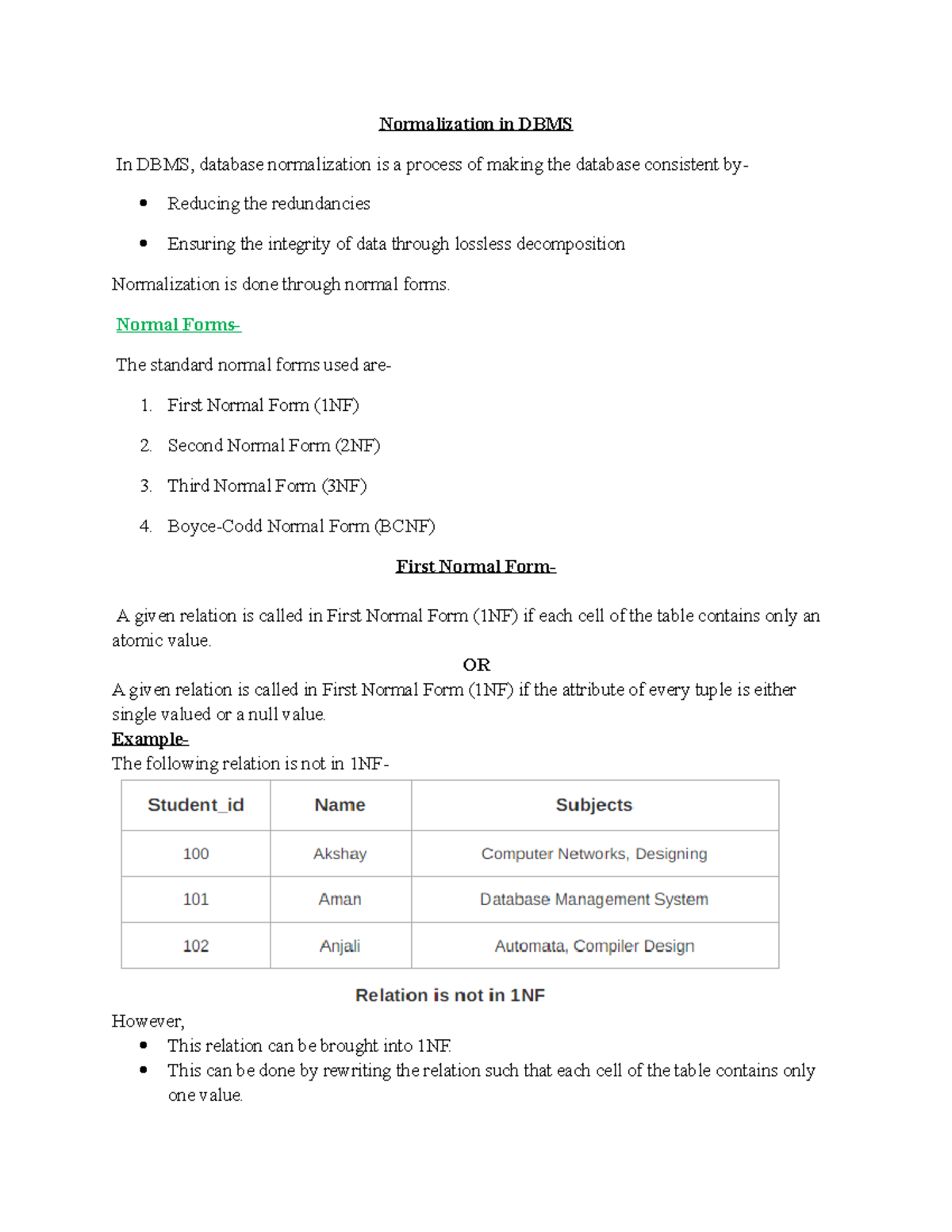 Normalization in DBMS - Comprehensive College Notes - Studocu