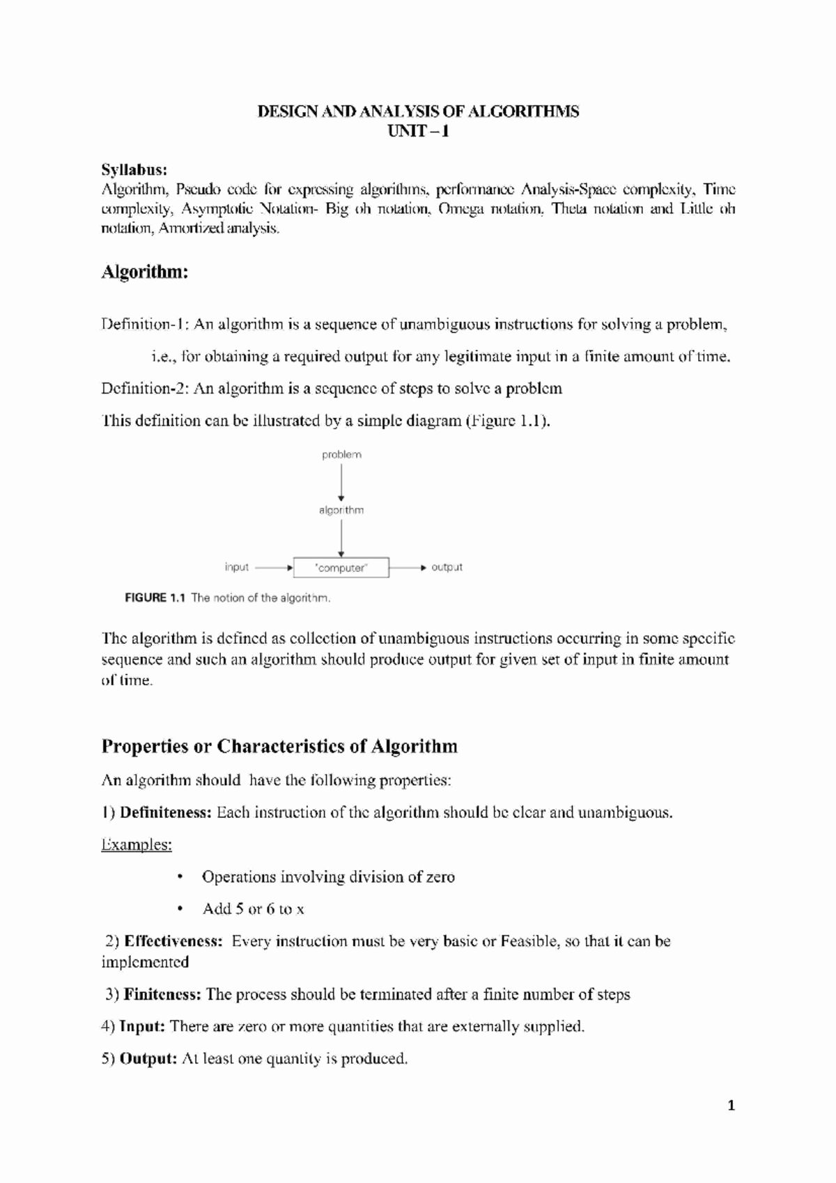 DAA Unit-1 - sample - DESIGN AND ANALYSIS OF ALGORITHMS UNIT 1 Syllabus: Algorithm, Pseudo code ...