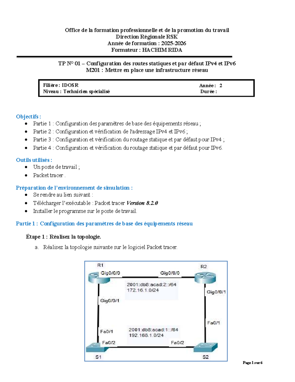 TP M201 : Configuration des Routes Statiques et par Défaut IPv4 et IPv6 ...