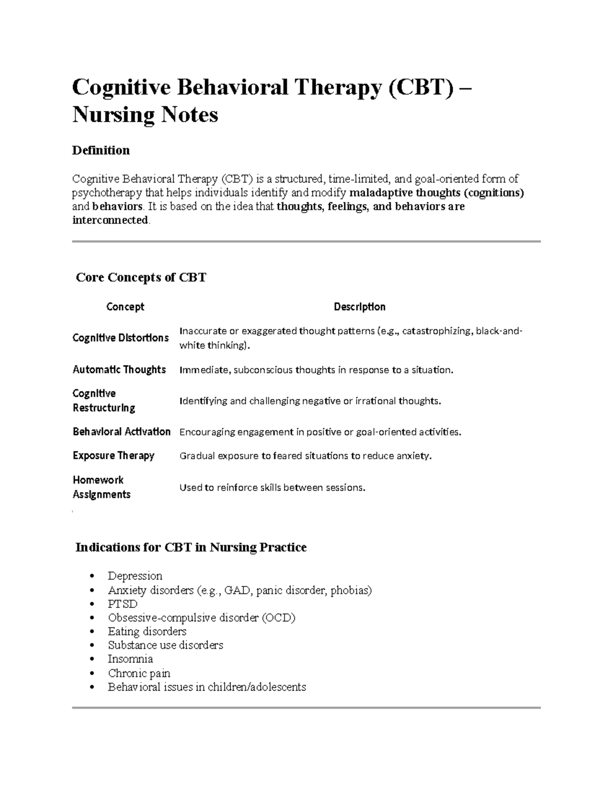 Nursing Notes on Cognitive Behavioral Therapy (CBT) for Mental Health ...