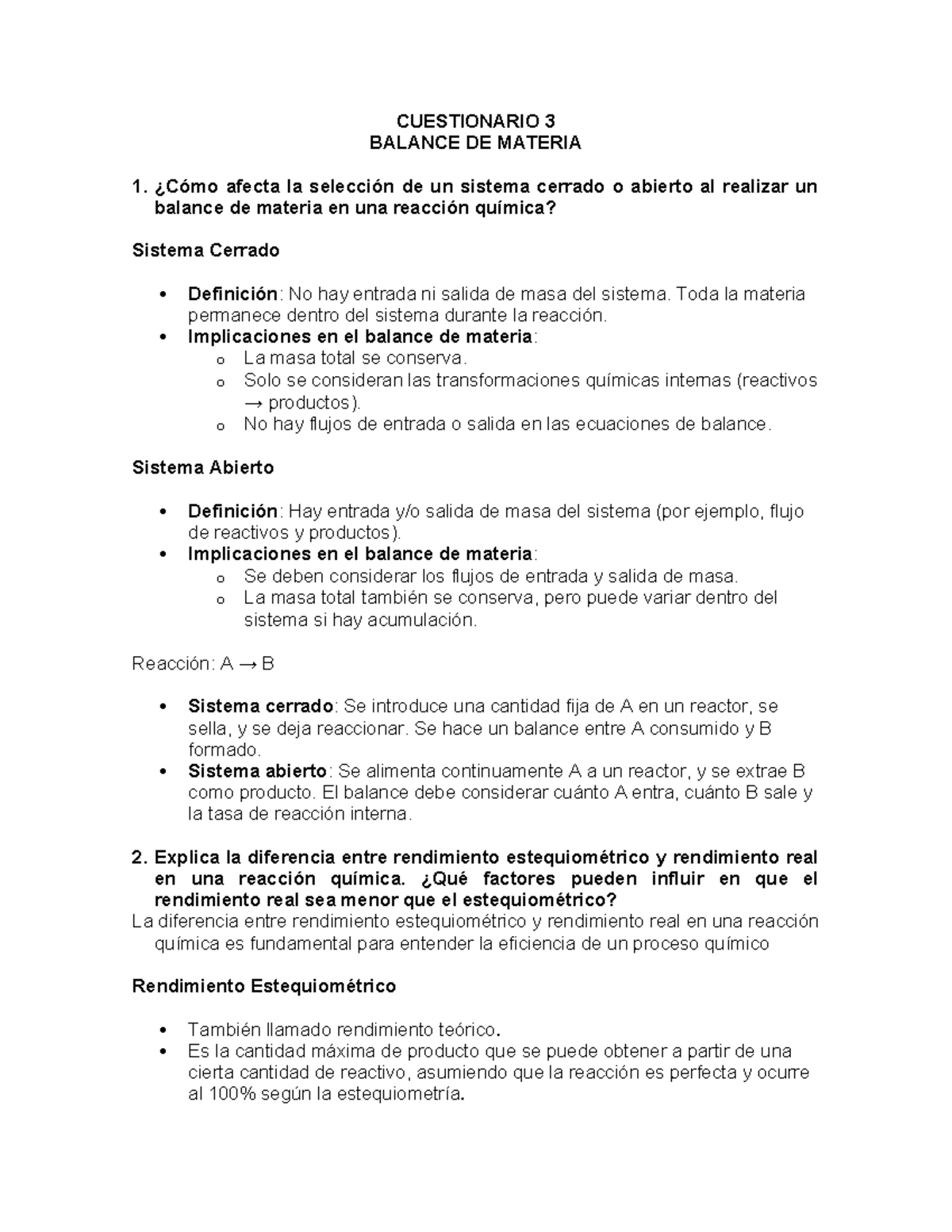 Cuestionario 3: Balance de Materia y Rendimiento Químico - Studocu
