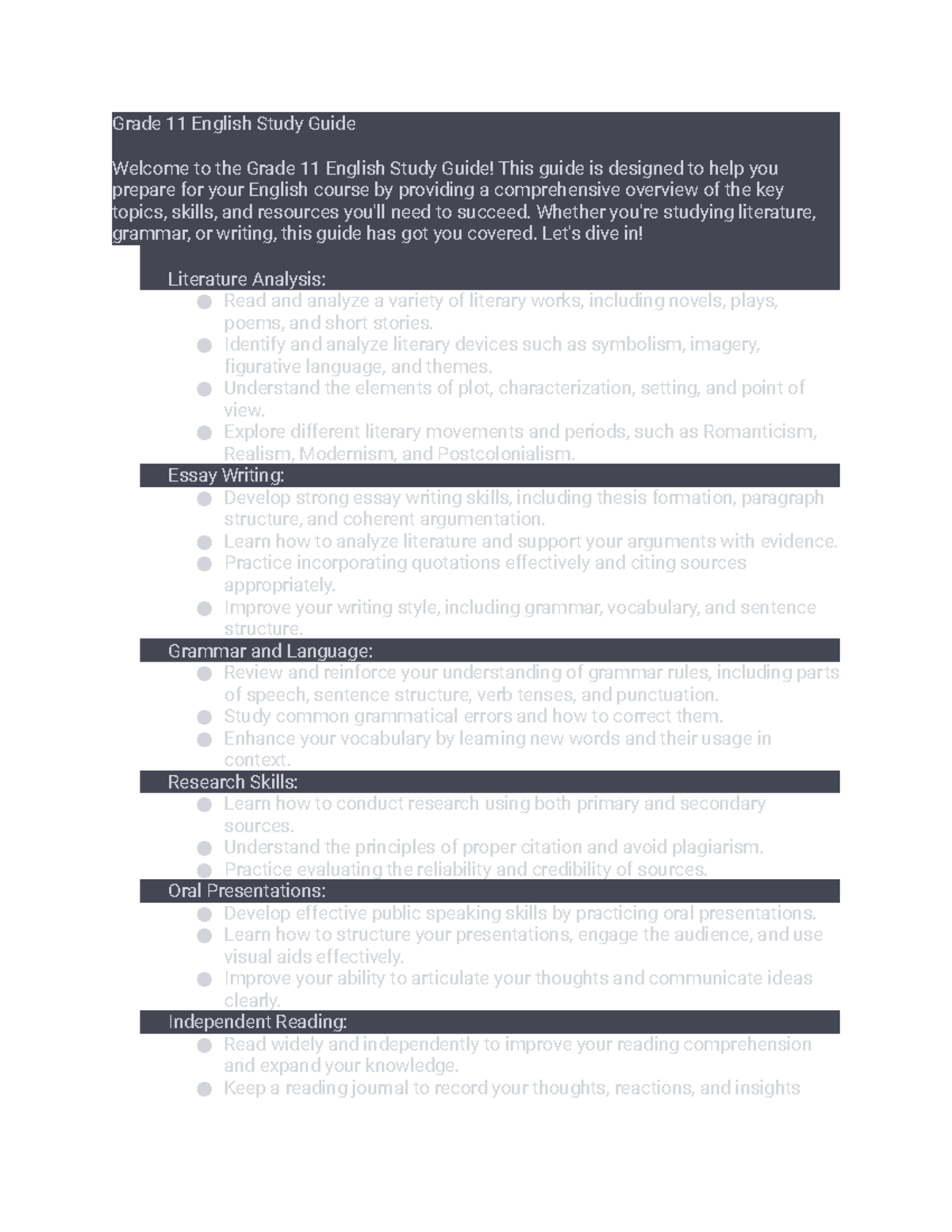 Grade 11 English Study Guide: Key Topics & Skills for Success - Studocu