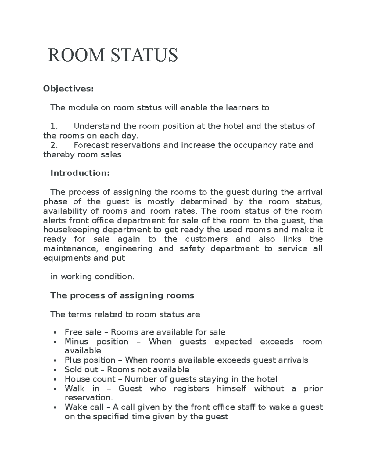 ROOM STATUS Overview: Types and Management in Hospitality (THM 101 ...