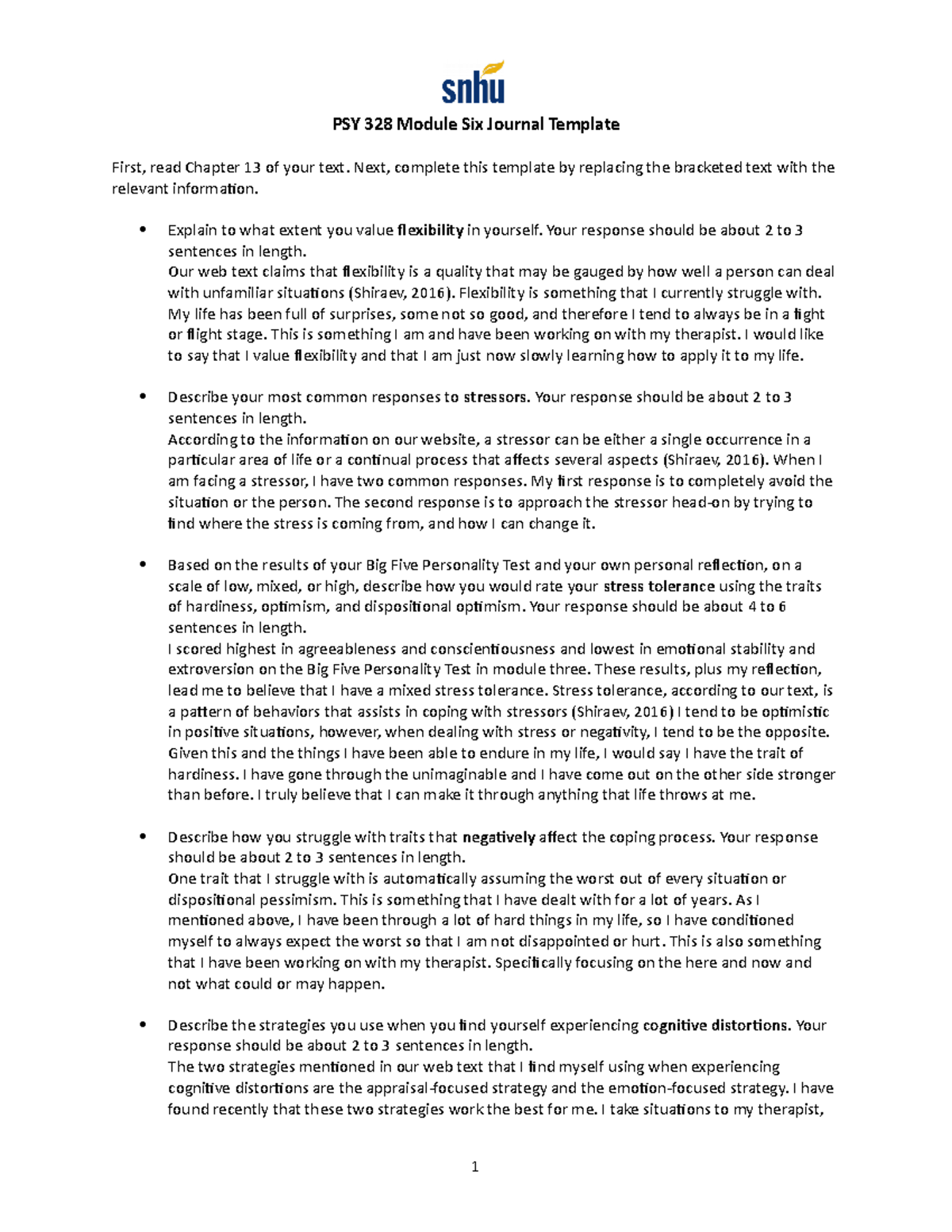 PSY 328 Module Six Journal Reflections on Flexibility and Stress Coping ...