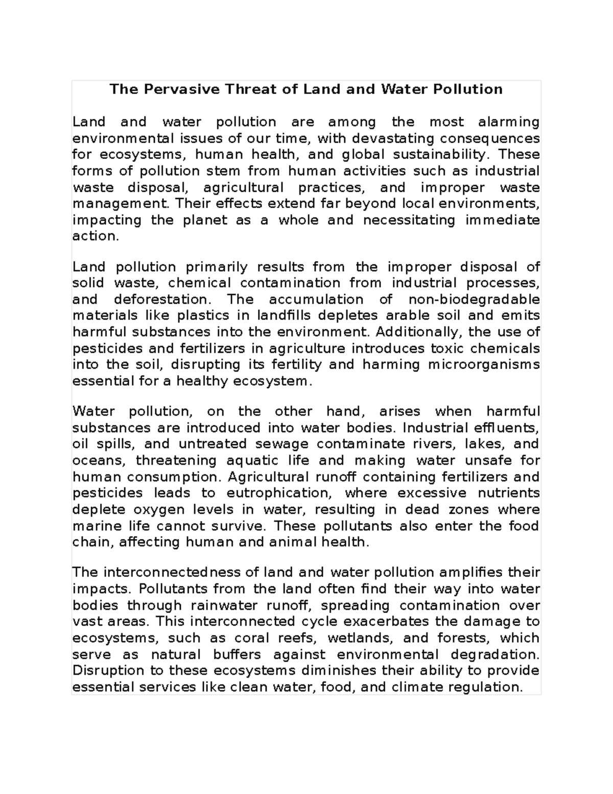 Land and Water Pollution Essay - The Pervasive Threat of Land and Water ...